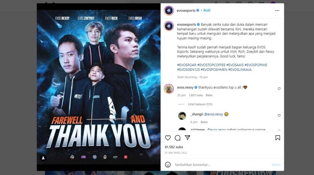 EVOS Resmi Berpisah dengan 4 Pemain Mobile Legends